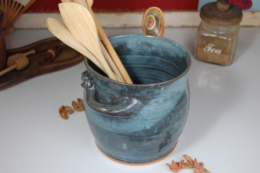Pottery Utensil Holder Blue Kitchen Utensil Holder Hand Thrown ...