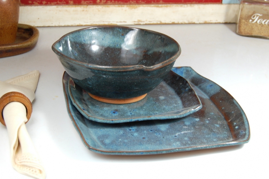 Handmade Pottery Dinnerware Set Blue Square Plate Stoneware Pottery ...