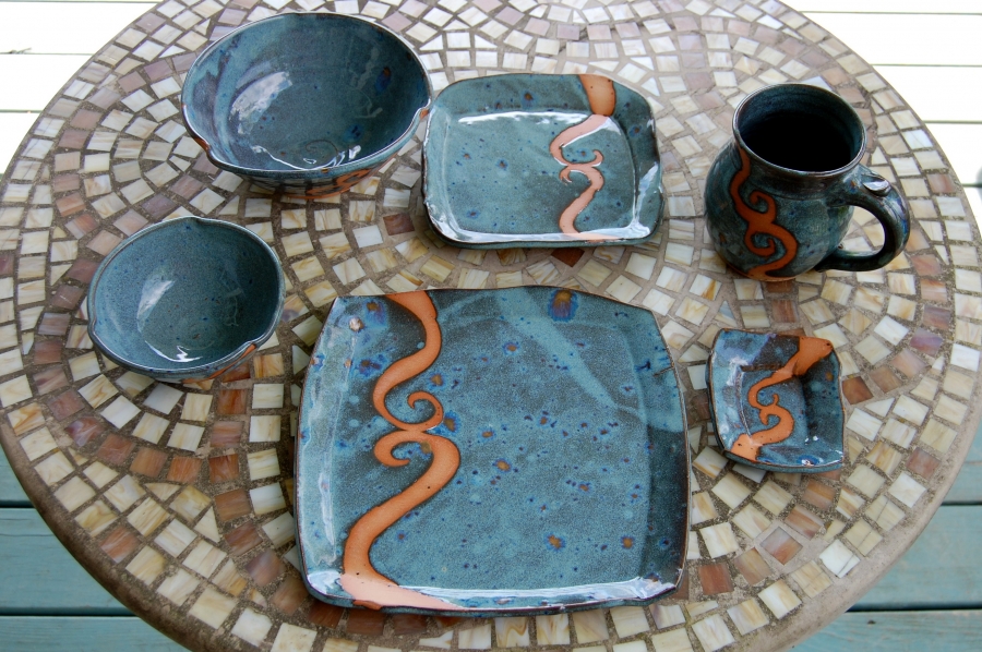 Handmade Pottery Dinnerware Set Slate Blue and Rust Pottery Dishes ...