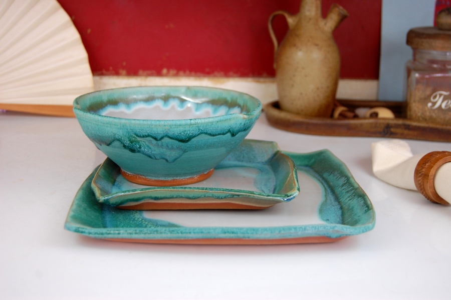 Handmade Pottery Dinnerware Set Turquoise Place Setting Stoneware ...