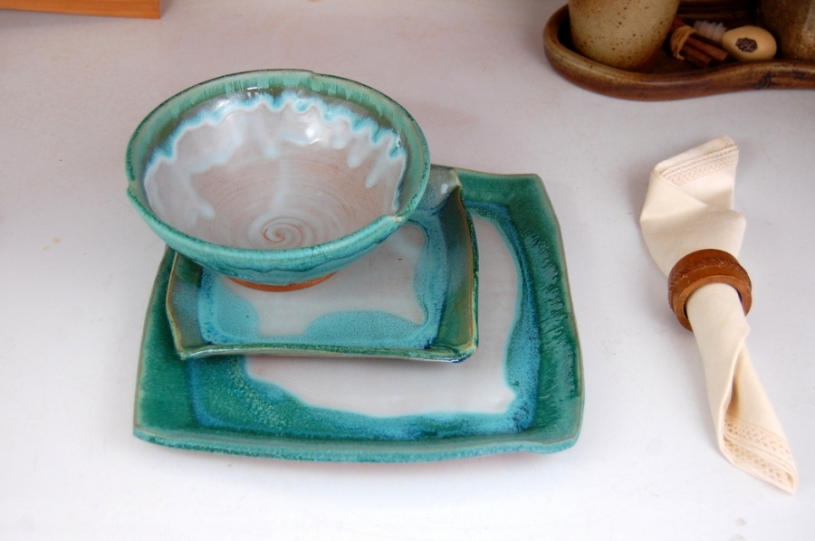 Handmade Pottery Dinnerware Set Turquoise Place Setting Stoneware ...