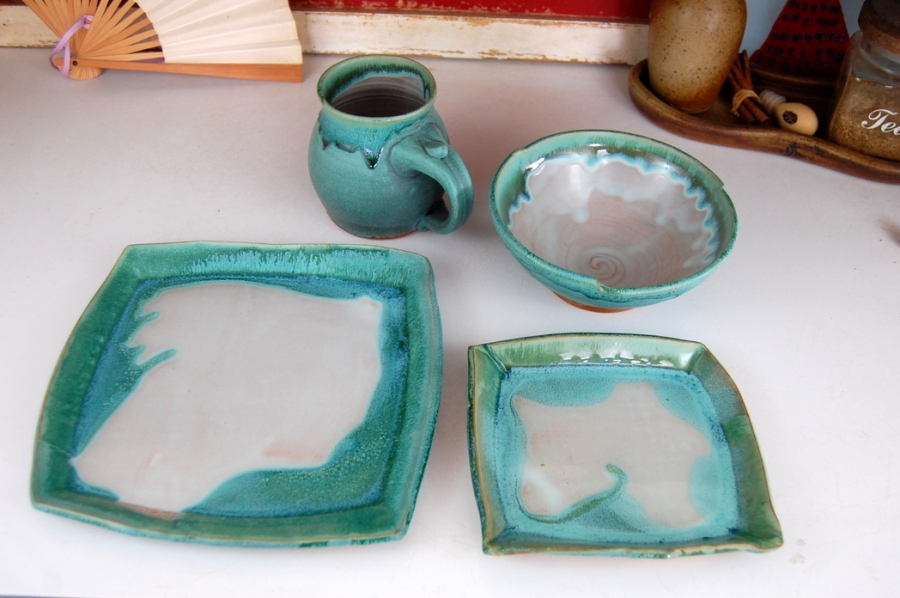 Handmade Pottery Dinnerware Set Turquoise and White Stoneware Pottery ...