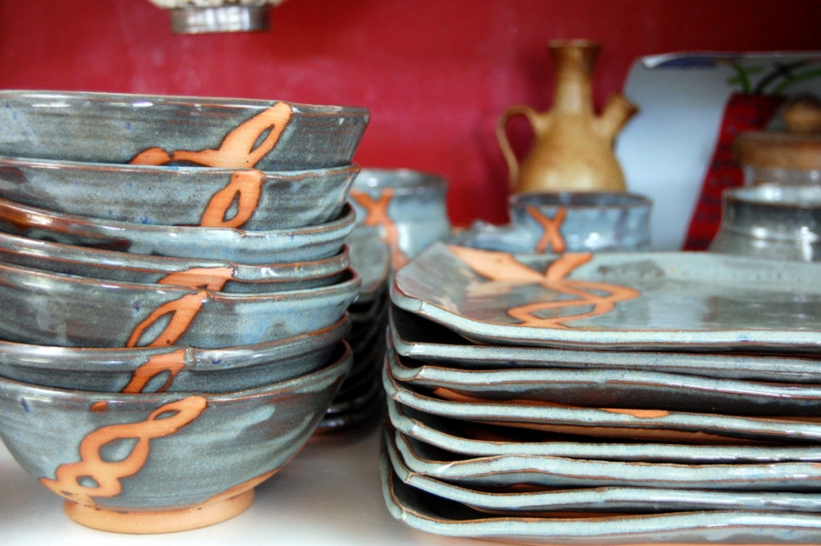 Handmade Pottery Dinnerware Set Blue Eight Square Place Settings Hand ...