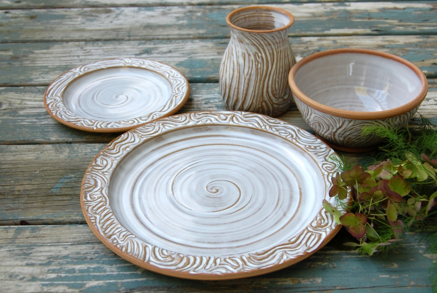 Pottery Dinnerware Set Place Setting Hand Carved Wheel Thrown Pottery ...