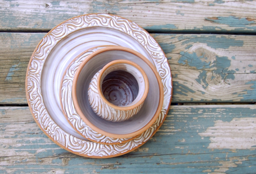 Pottery Dinnerware Set Place Setting Hand Carved Wheel Thrown Pottery ...